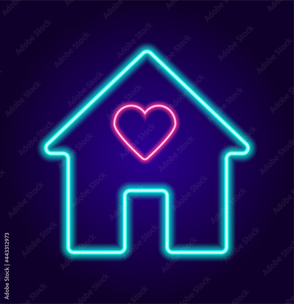 Vector isolated neon house sign in blue color with a pink heart inside ...
