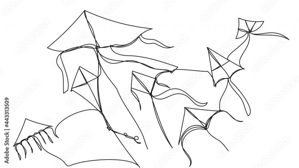 4k animation with flying kites. Self-drawing child's game. Flying kite ...