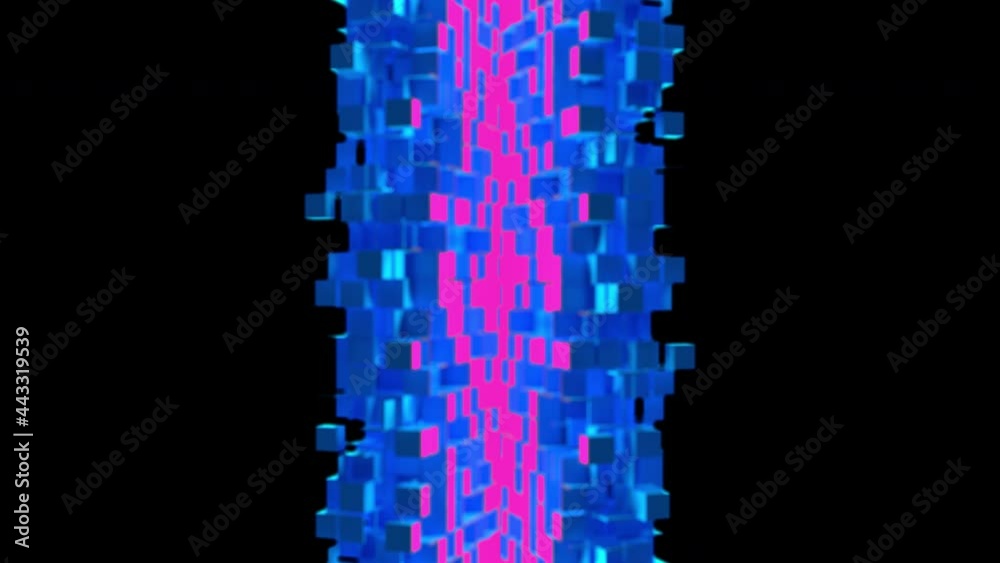 Blue cubic particles cut out of pink corner that open the black screen ...