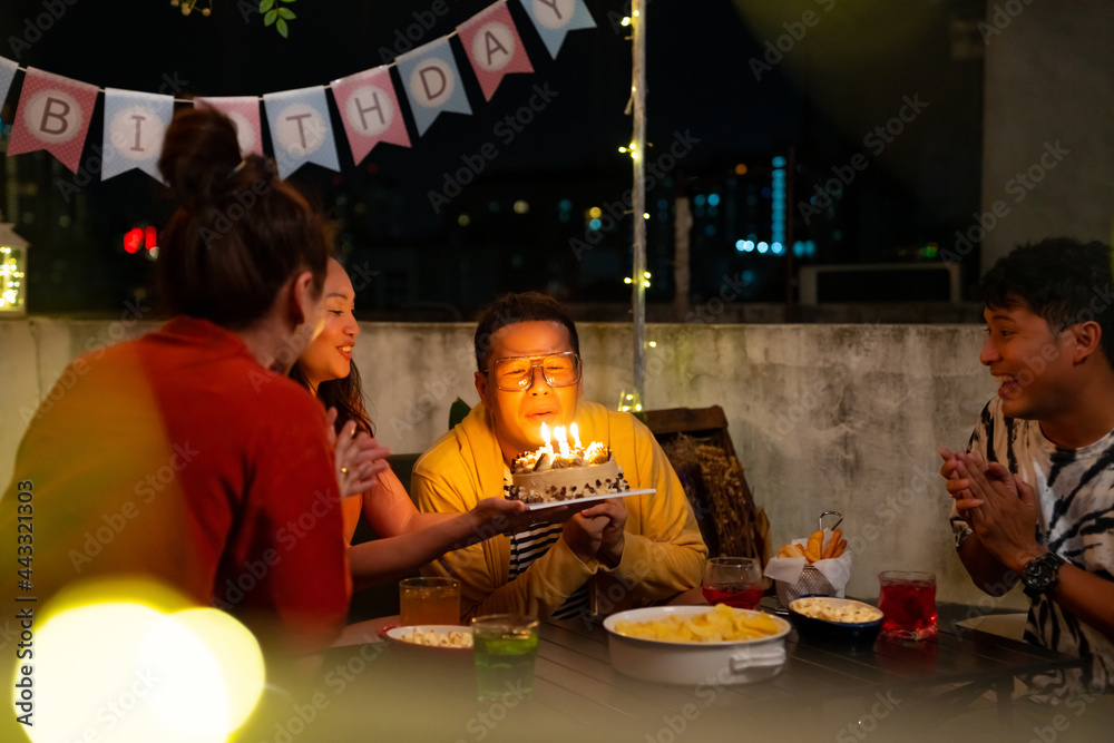 Diversity Asian millennial people friends enjoy outdoor celebration ...