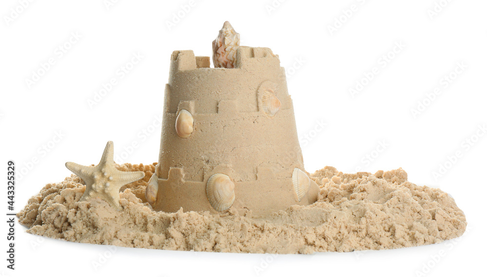 Sand castle with shells and starfish on white background. Outdoor play ...