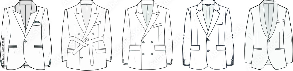 flat sketch set of men's blazer suit jacket vector illustration, flat ...