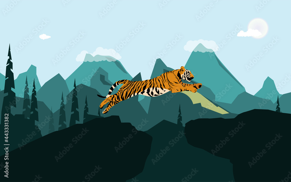 vector graphic illustration, tiger jumping off the rock against ...