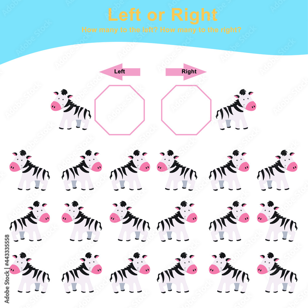 Left or Right Game for Preschool Children. Counting how many zebras are ...