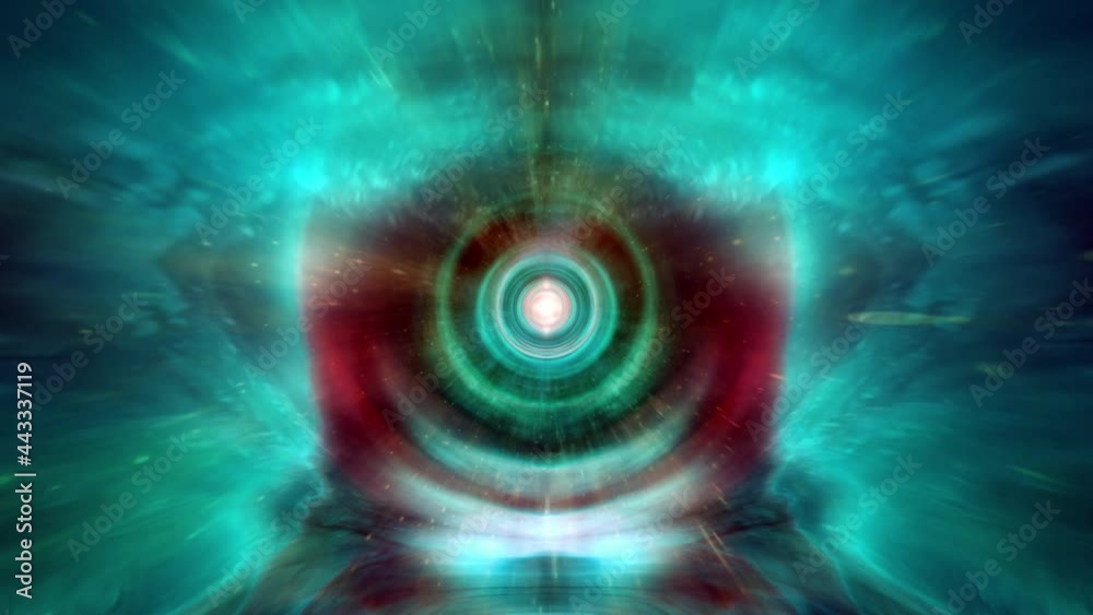 Abstract glow green red hyperspace tunnel through space time vortex. 4K ...