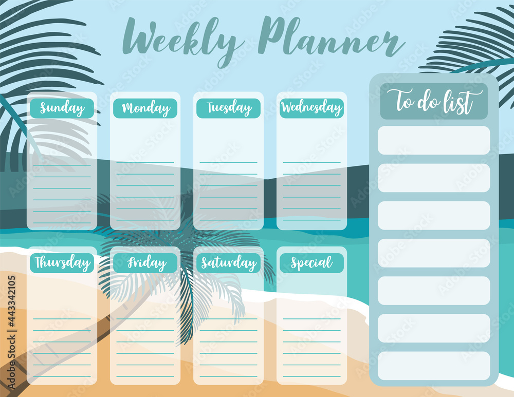 Weekly planner start on Sunday with beach,sea,to do list that use for ...