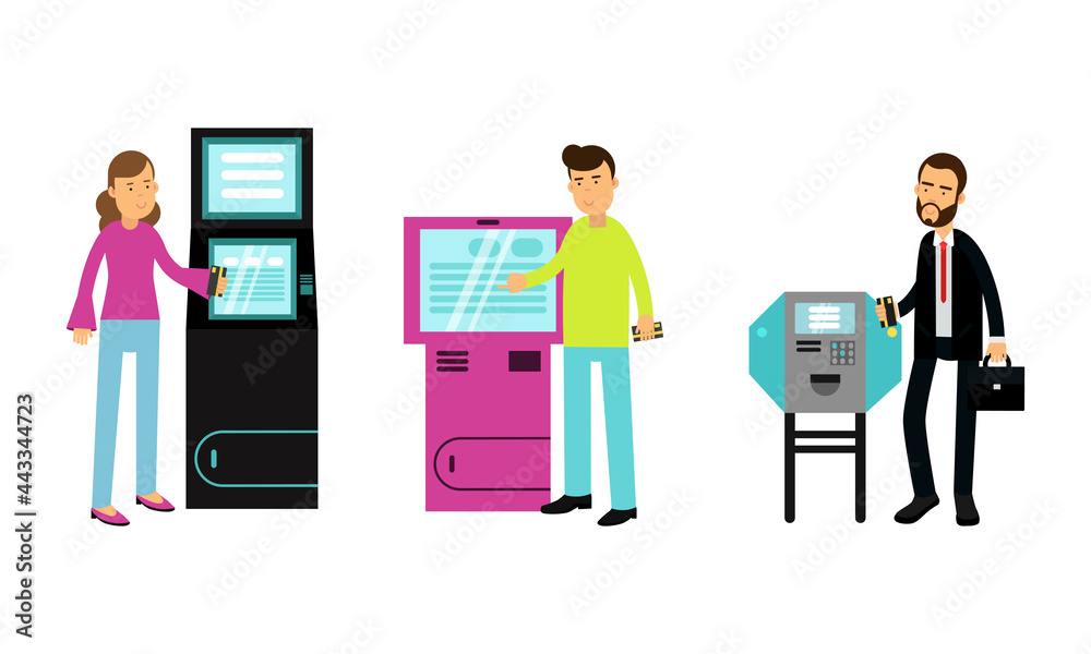 People Characters Using Electronic Self Service Terminals and ATM ...