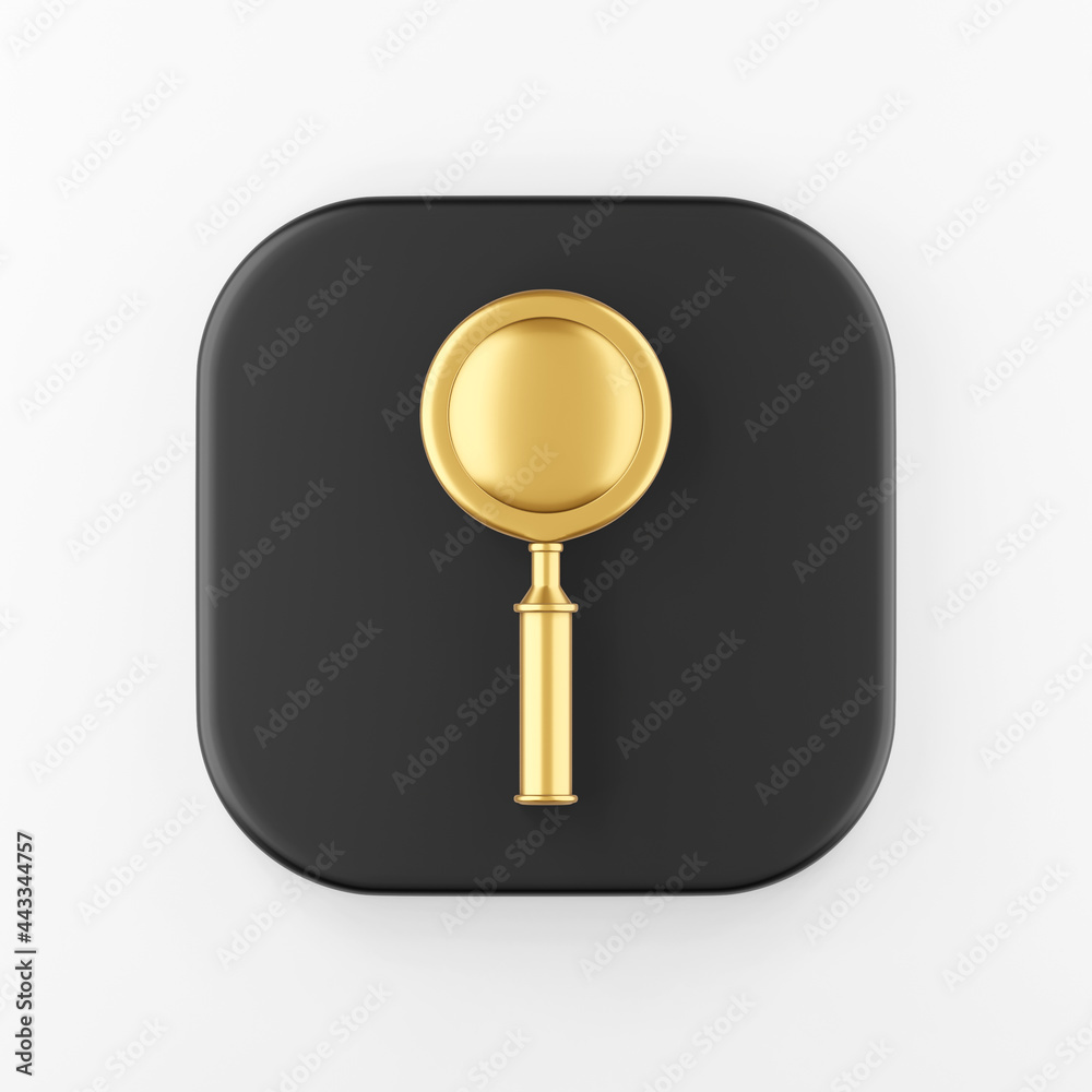 Realistic golden magnifier icon. 3d rendering black square key button, interface ui ux element ...