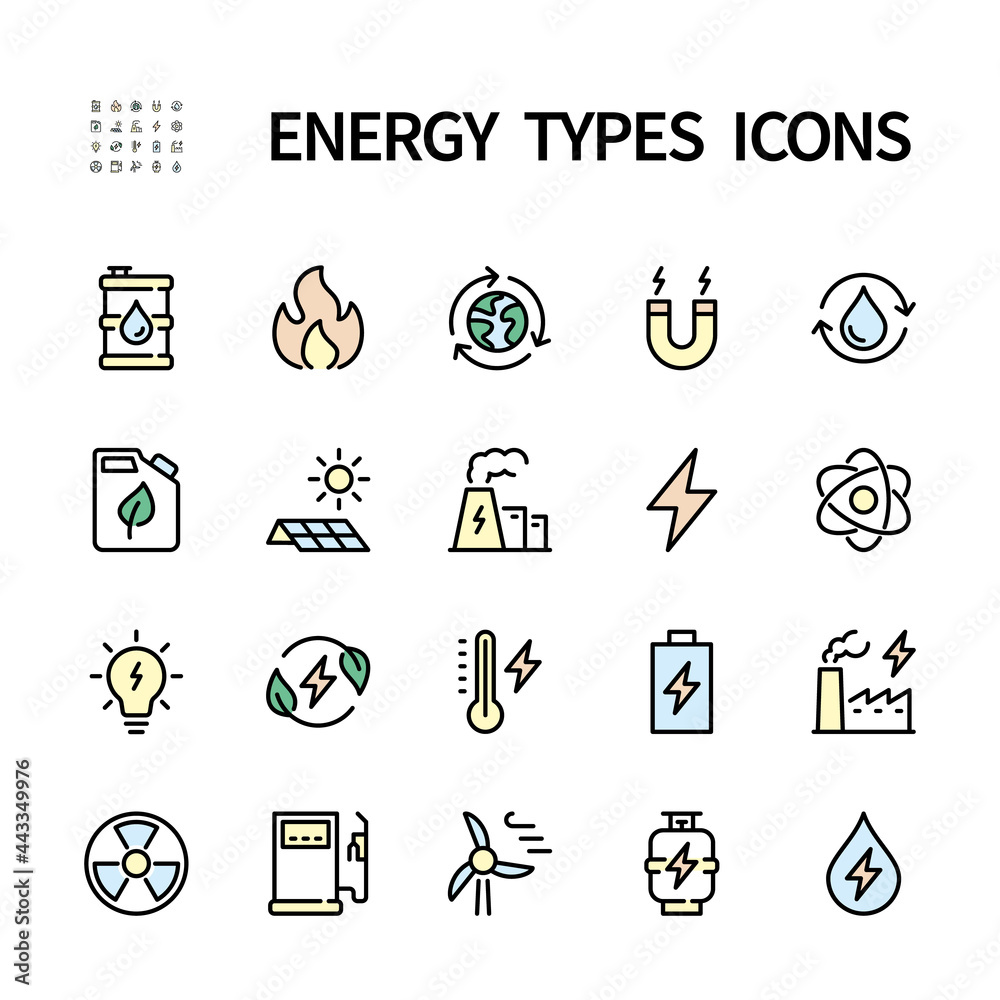Types of energy vector icons. Color symbols of ecology. Isolated icon ...