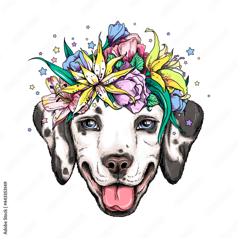 Cute dalmatian dog in floral wreath. Vector illustration in hand-drawn ...