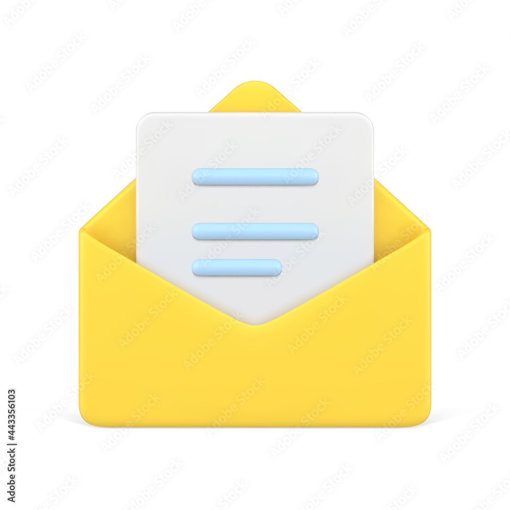 Document in yellow 3d envelope. White volumetric sheet of paper with ...