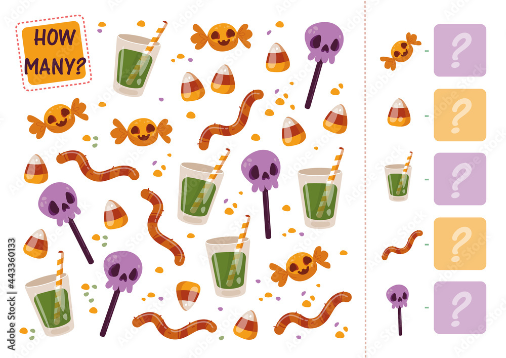 Count how many lollipops and sweets. A math mini-game with a Halloween ...