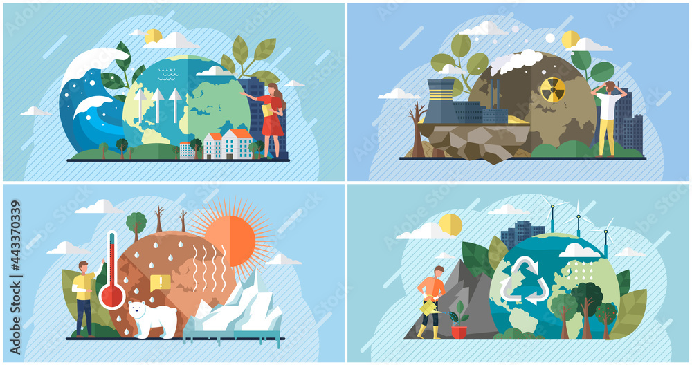 Set of illustrations about impact of human activity on environment ...