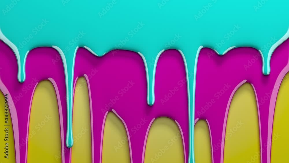 Blue and pink paint drips on yellow background. Viscous liquid flowing ...