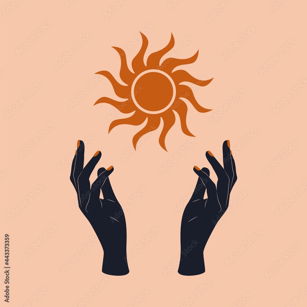 Hands holding sun boho art. Sacred geometry concept mid century ...
