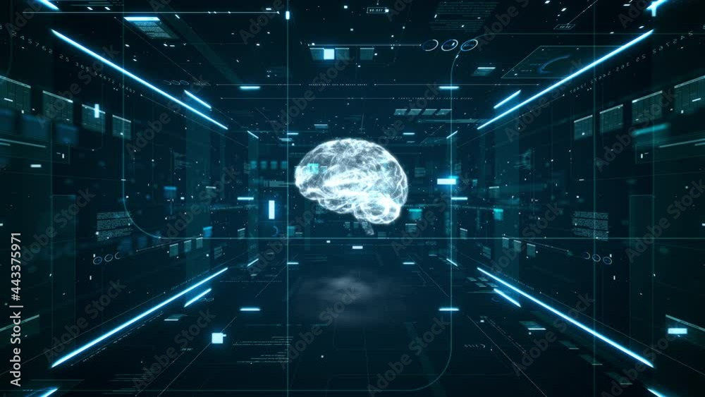 Artificial intelligence brain animation. Digital brain big data deep learning computer machine ...