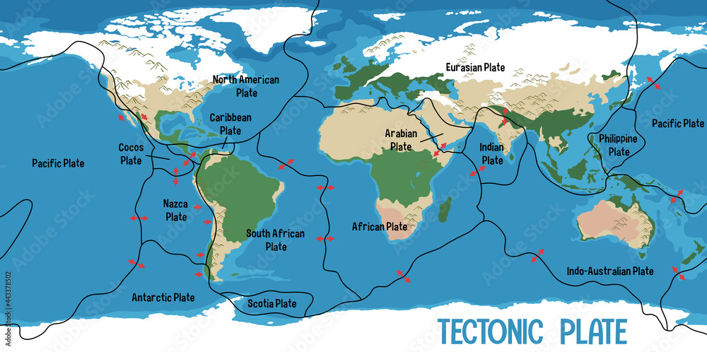 World Map Showing Tectonic Plates Boundaries Stock Vector | Adobe Stock