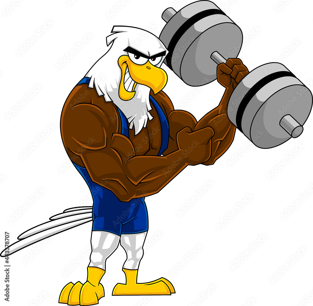 Smiling Eagle Bodybuilder Cartoon Character With Big Dumbbell. Vector ...