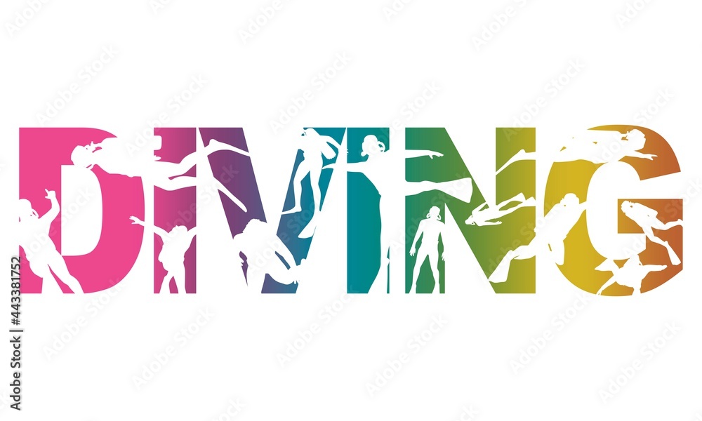 Diving word textured by silhouettes of divers. Stock Vector | Adobe Stock