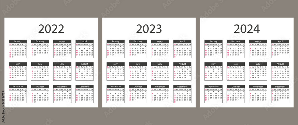 Calendar for 2022, 2023, 2024 years. Week starts from sunday. Stock ...