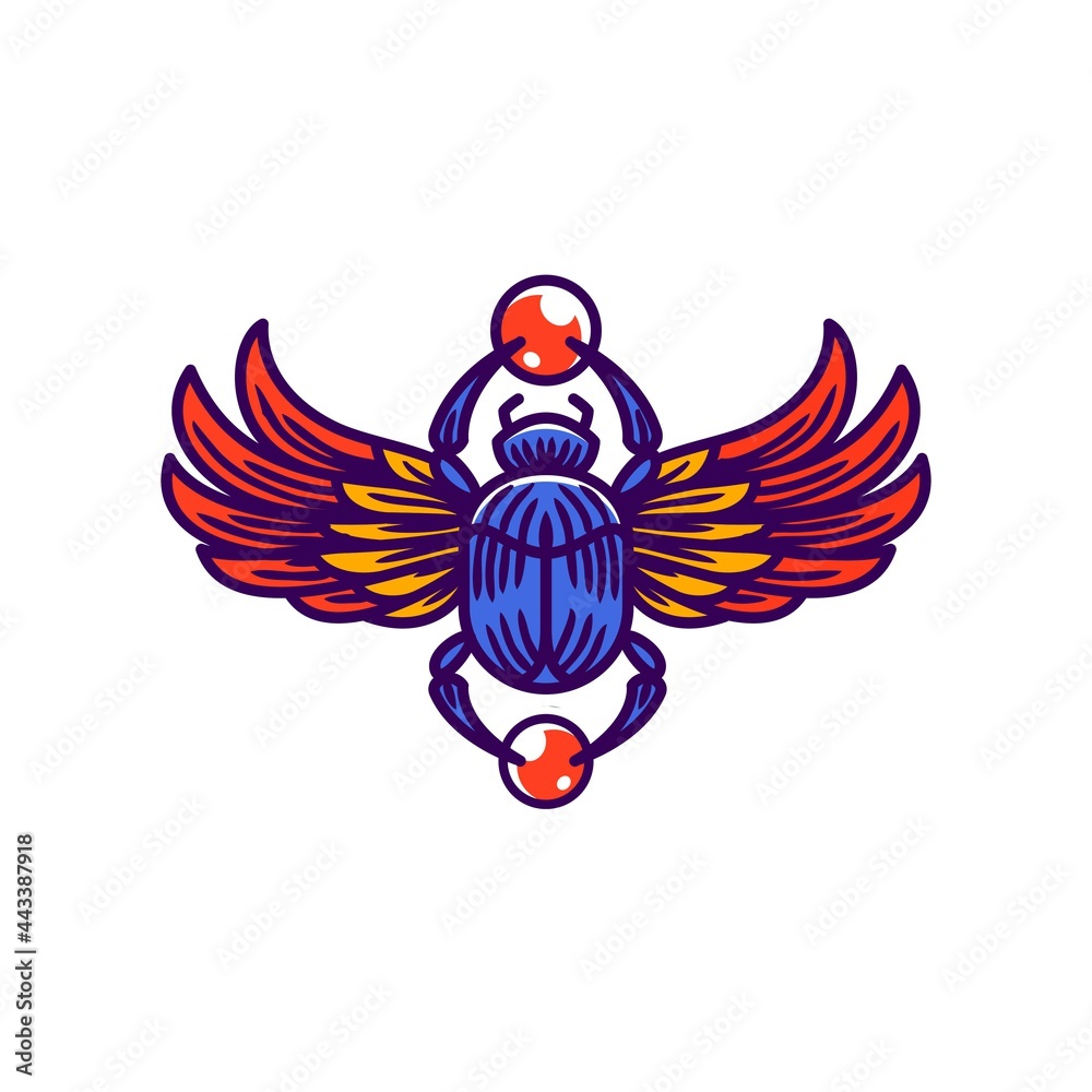 colorful egyptian Scarab beetle with wings Vector illustration drawing ...