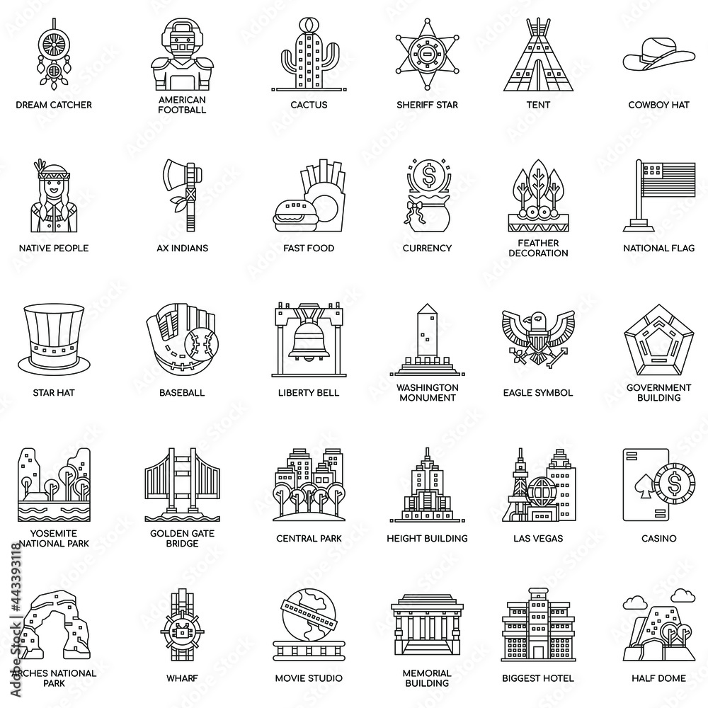 America Symbols elements outline Thin Line and Pixel Perfect Icons ...