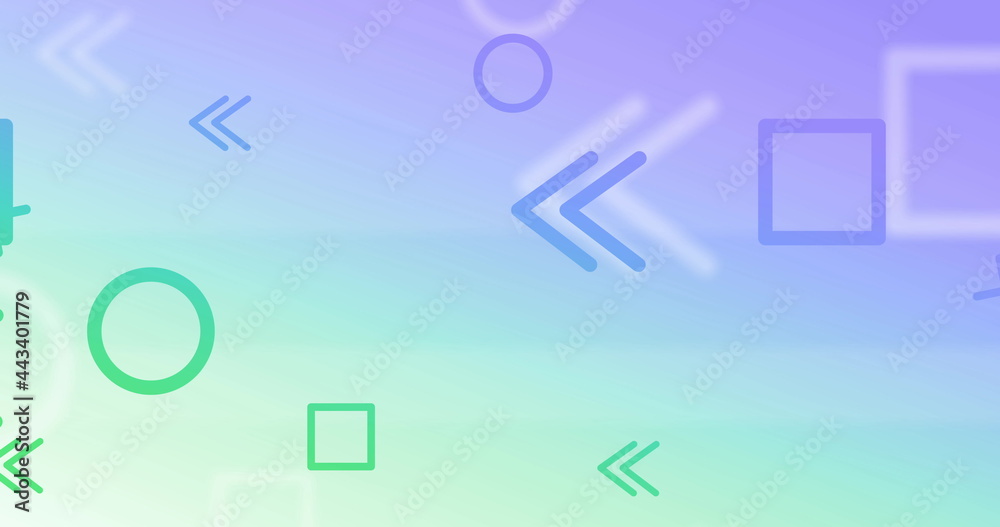 Blue and green crosses squares circles and arrows moving across a green ...