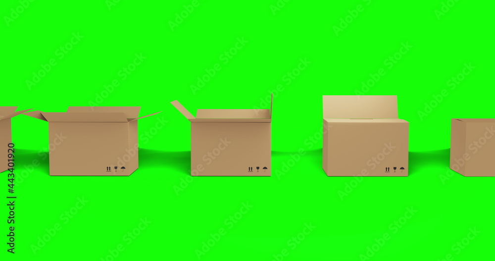 Seamless row of brown cardboard boxes with lids opening on green screen ...