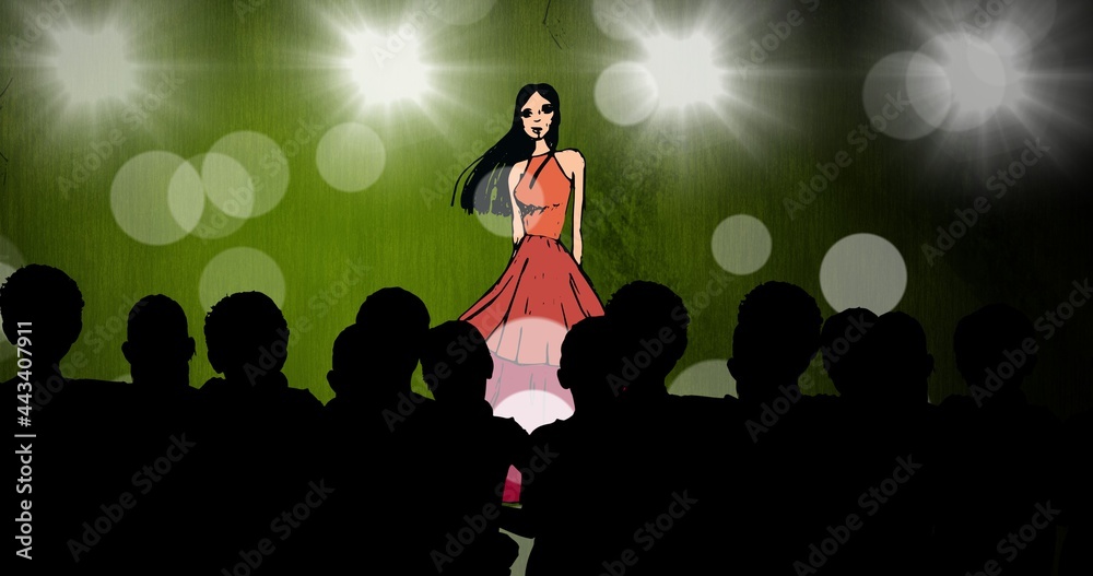 Composition of fashion drawing of model on catwalk at fashion show, on ...