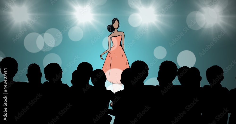 Composition of fashion drawing of model on catwalk at fashion show, on ...