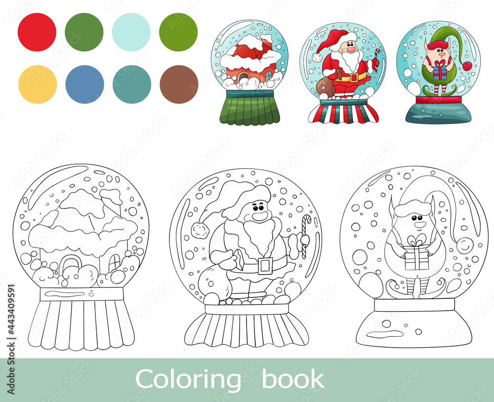 Coloring book page. Christmas snow globe illustration. Cartoon ...