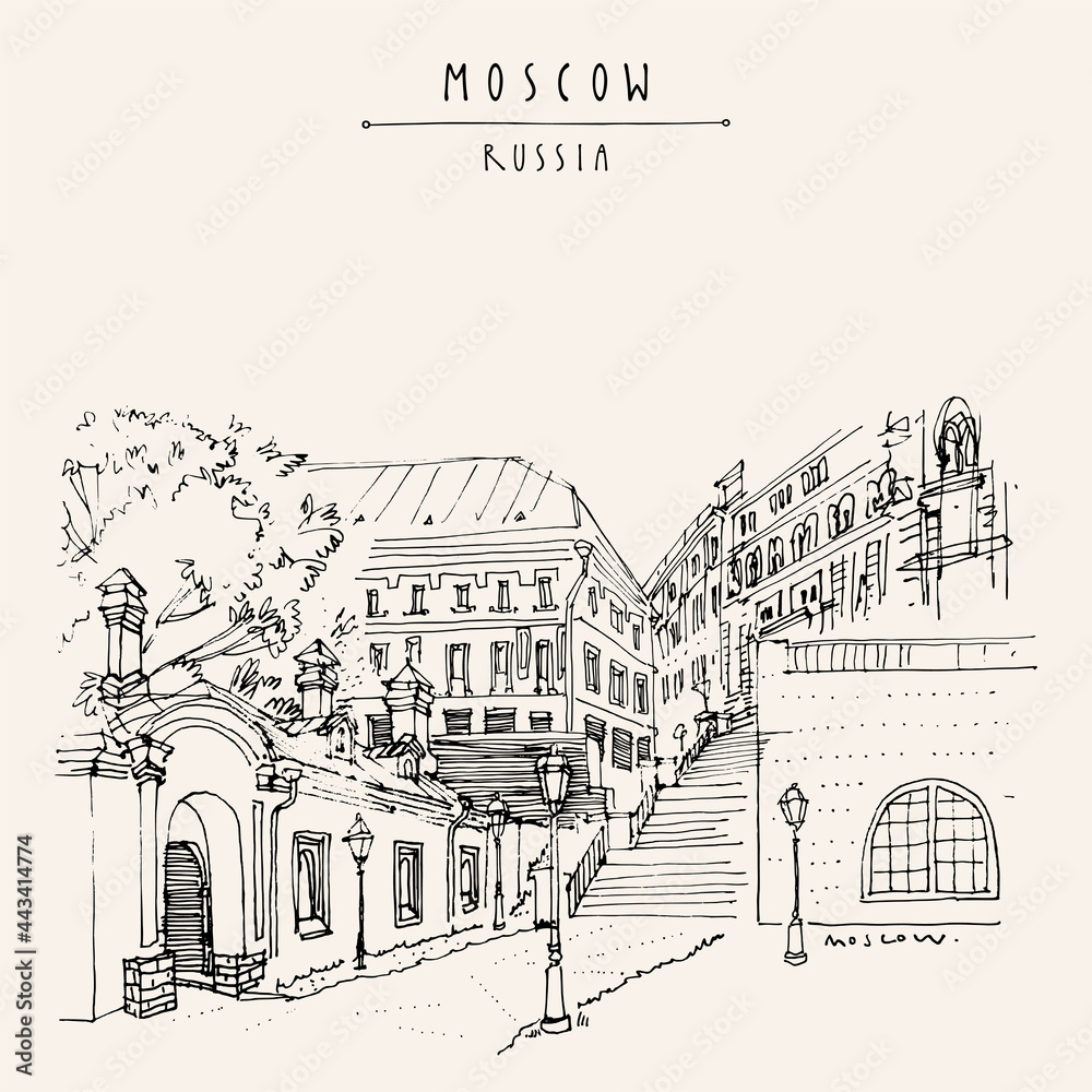 Vector old Moscow, Russia, Europe architecture postcard. Ancient houses ...