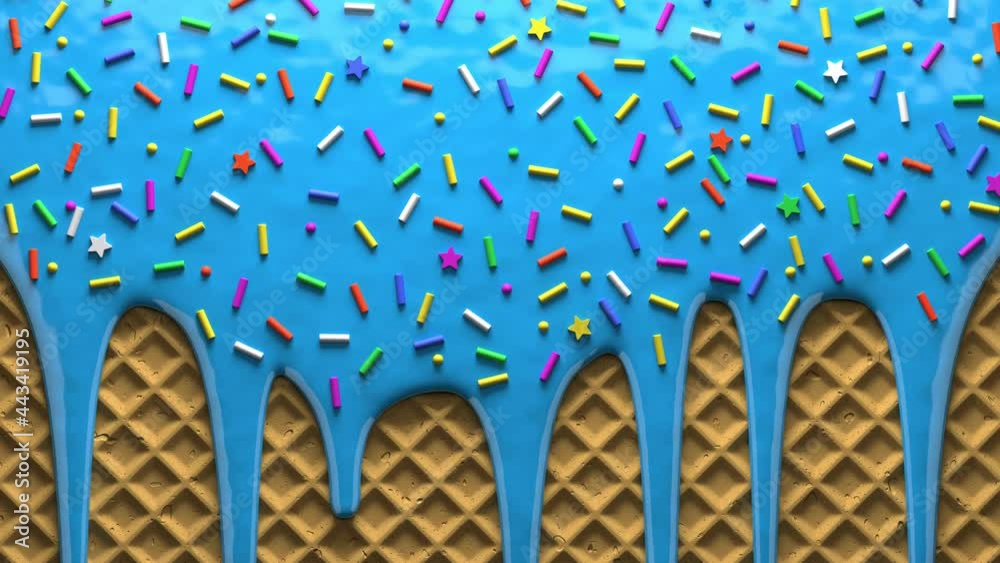 Blue ice cream with colored confectionery sprinkles drips on waffle ...