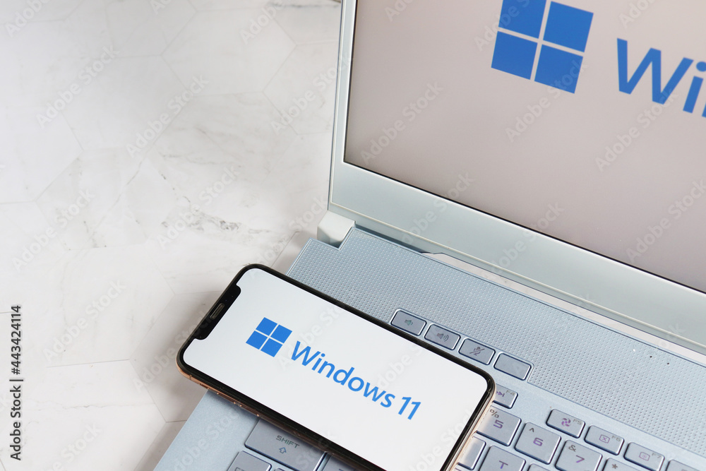 New Microsoft Windows 11 logo on computer screen and Windows 11 logo is ...