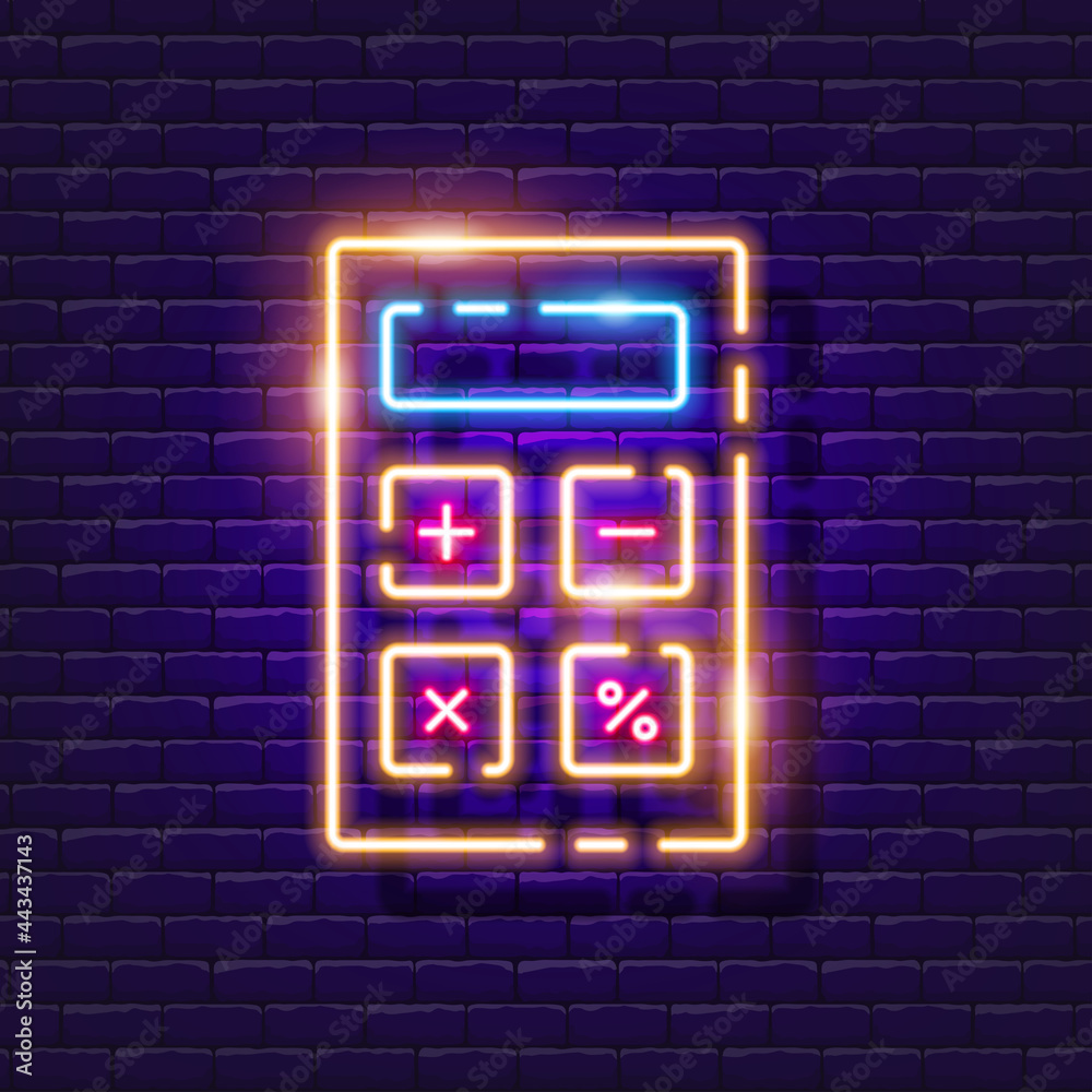 Calculator neon sign. Accounting, reports, checklist, exam, economics ...