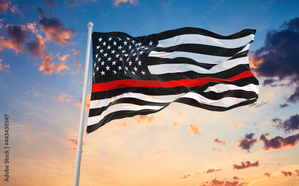 Thin Red Line. Black Flag of USA with Firefighter red Line waving in ...