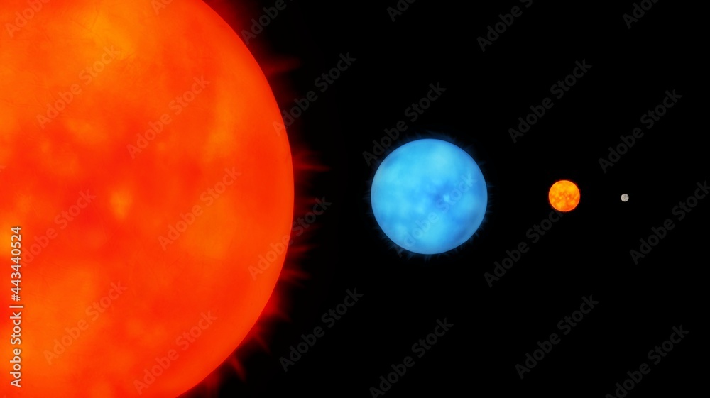 Types of star. Red supergiant star, a blue star, a sun-like star, and a ...