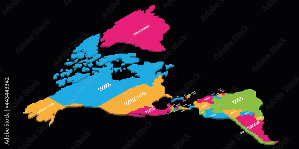 Isometric political map of Americas. Colorful land with country name ...
