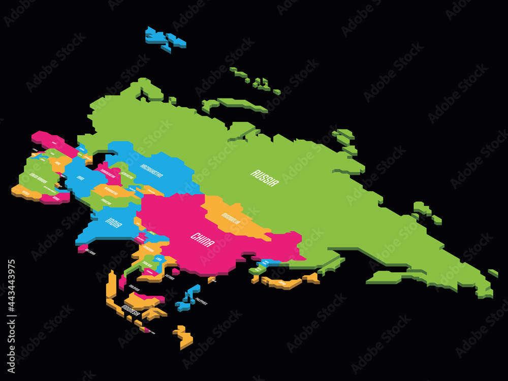 Isometric political map of Asia. Colorful land with country name labels ...