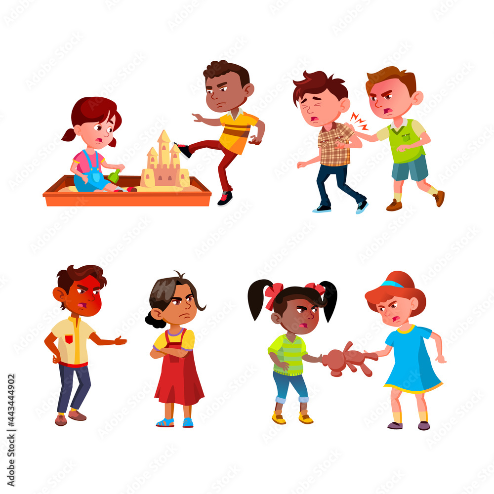 Kids Aggression Fighting And Bullying Set Vector. Brother And Sister ...