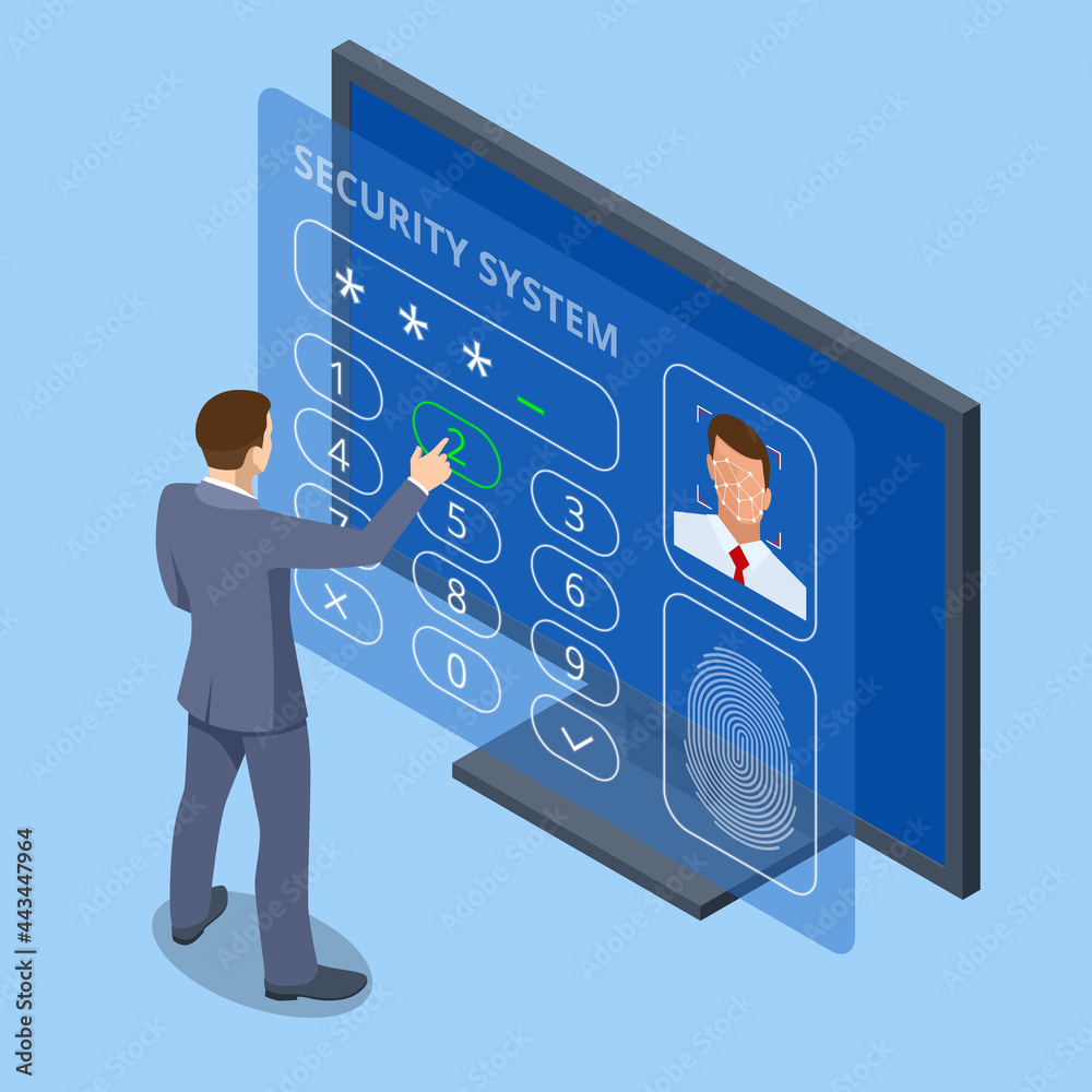 Isometric facial recognition system concept. Finger print scan for enter security system ...