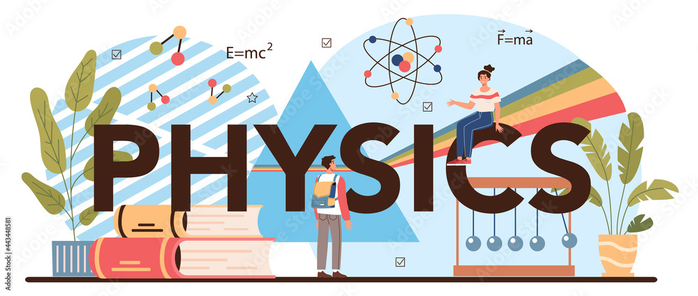 Physics school subject typographic header. Students explore electricity ...