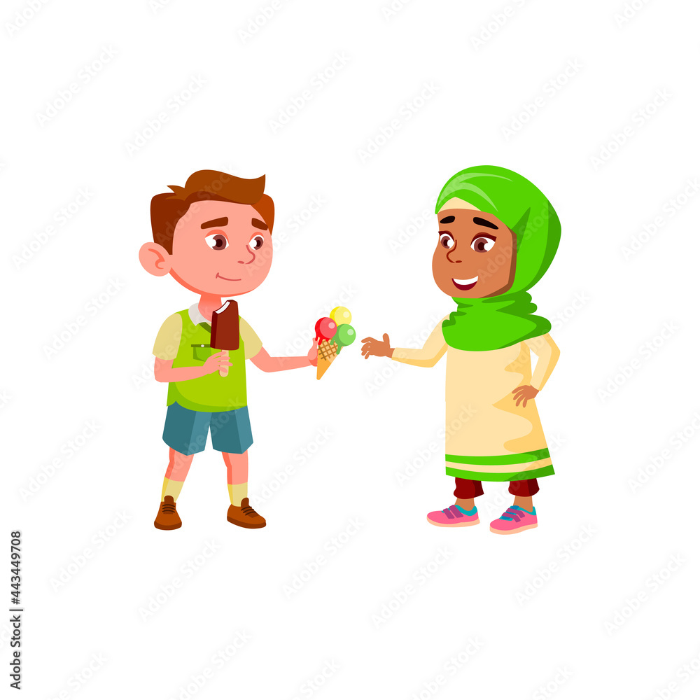 Boy Sharing Ice Cream With Friend Girl Vector. Caucasian Preteen Kid ...