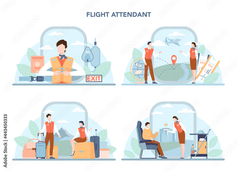 Stewardess concept set. Flight attendants help passenger in airplane ...