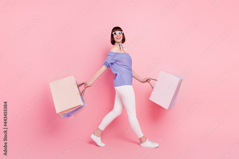 Full length body size side profile photo woman going on shopping with ...