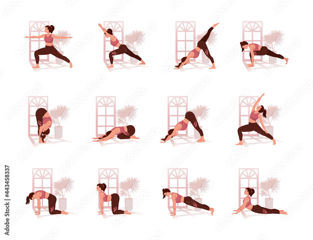 Yoga poses for easy fitness workout at home flat cartoon vector ...