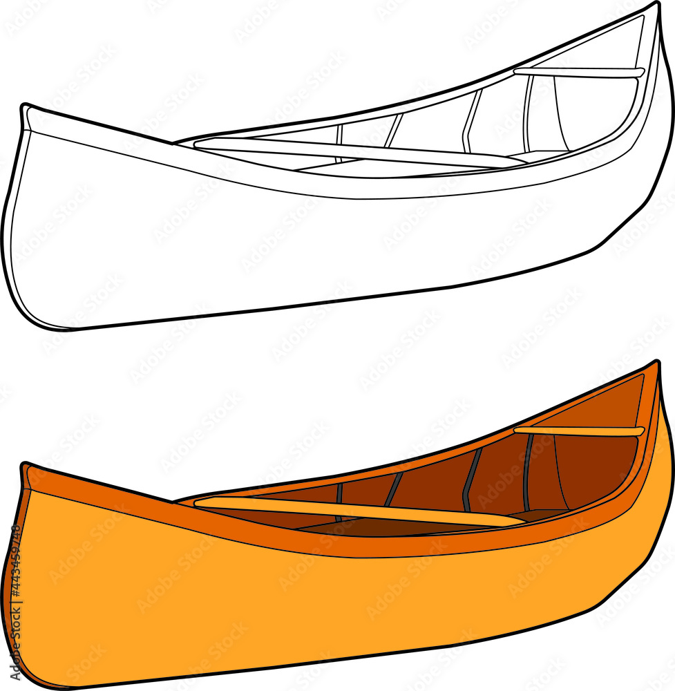 Canoe boat vector drawing line art with color Stock Vector | Adobe Stock