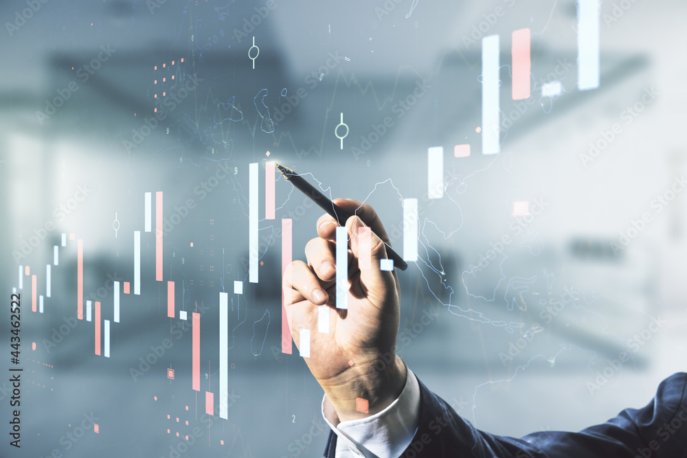 Multi exposure of trader hand with pen working with virtual abstract ...