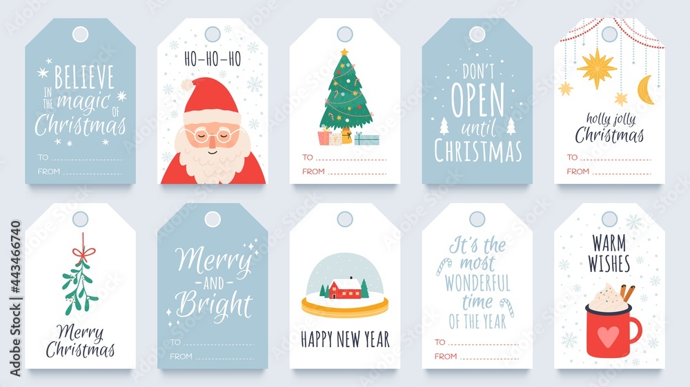 Christmas tag. Merry winter holidays gift tags with greetings, santa ...