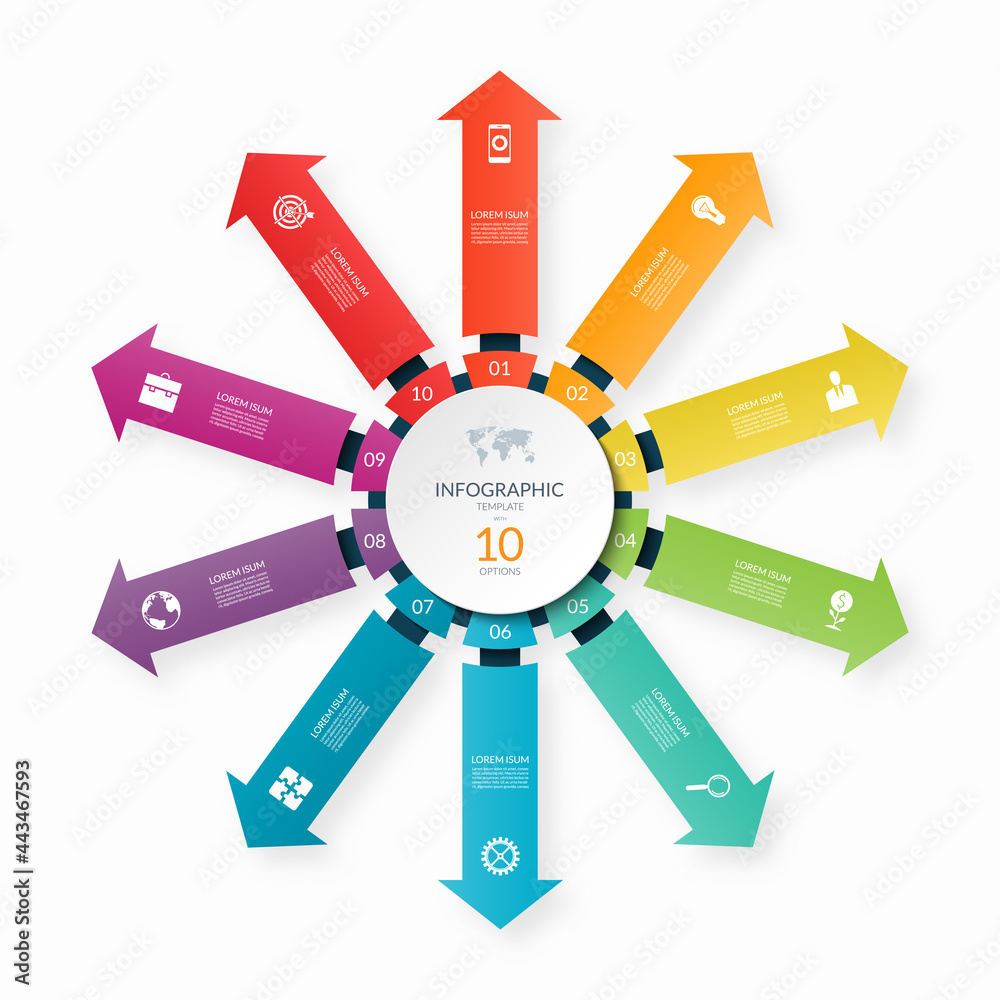 Modern business infographic circle with 10 arrows pointing from the ...